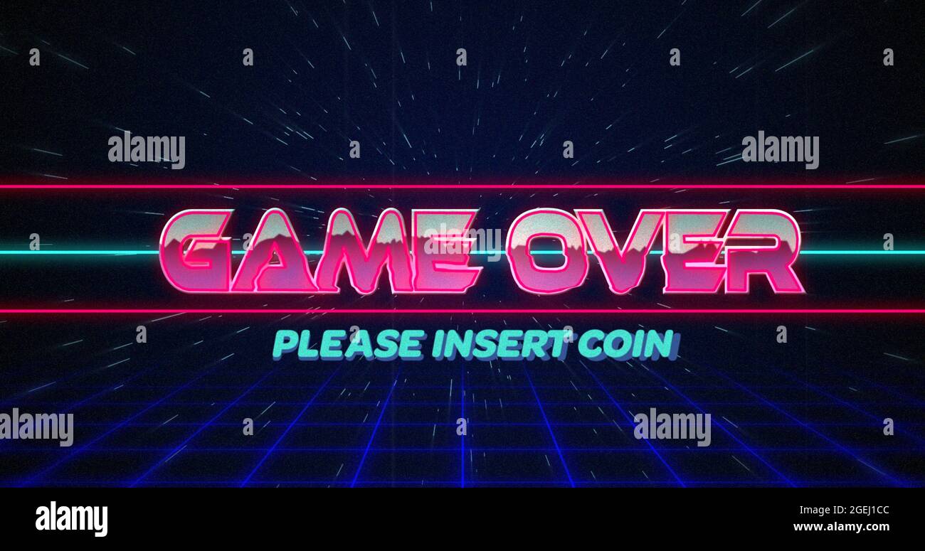 Retro Game over text glitching over blue and red lines on white ...