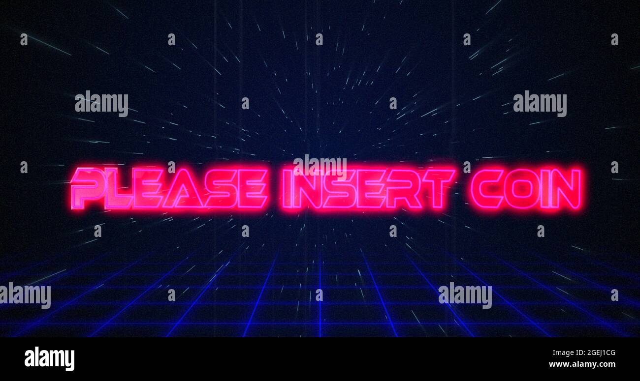 Retro Please Insert Coin text glitching over blue and red triangles on ...