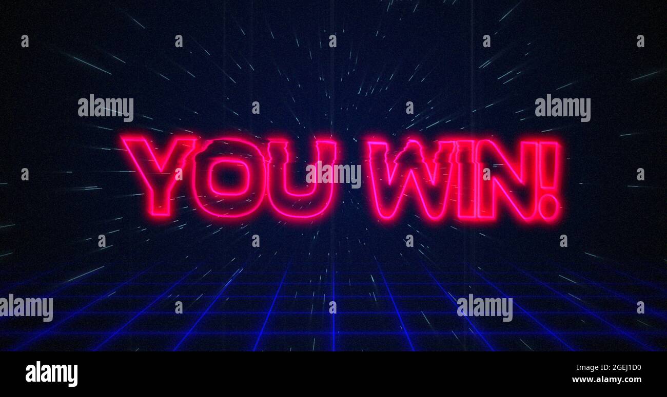 Retro You Win text glitching over blue and red triangles on white ...