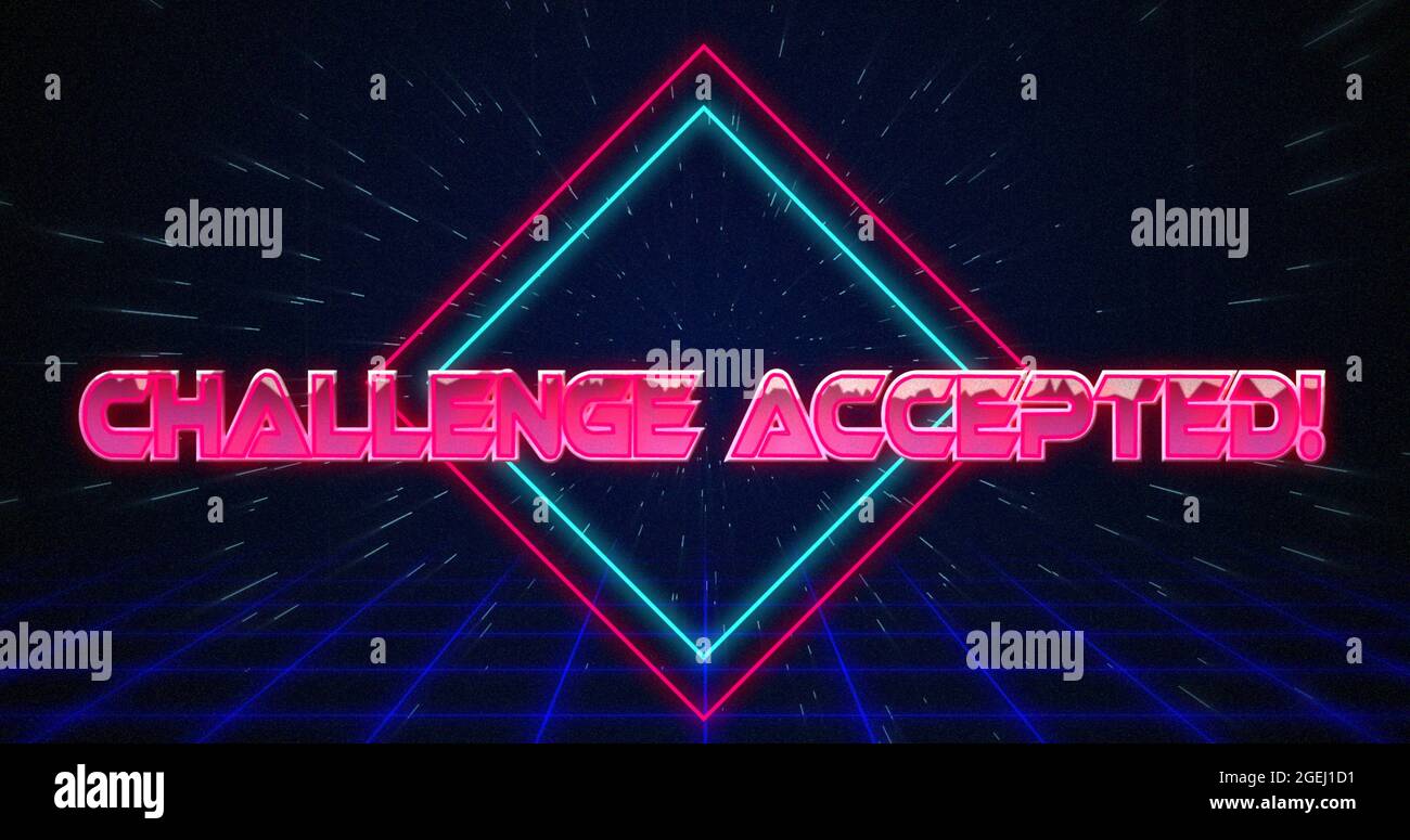 Retro Challenge accepted text glitching over blue and red squares on ...