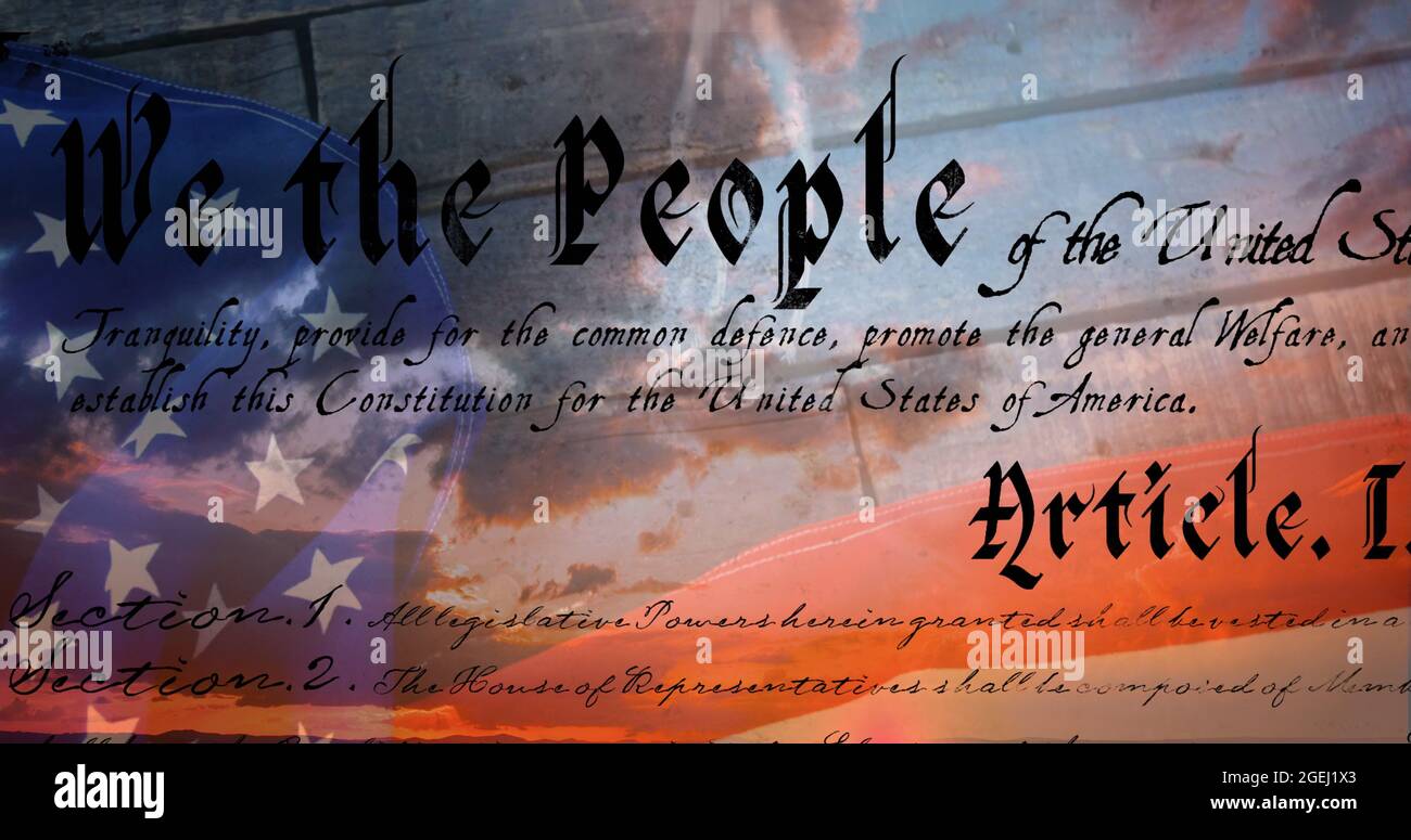 Written constitution of the United States and a flag 4k Stock Photo - Alamy