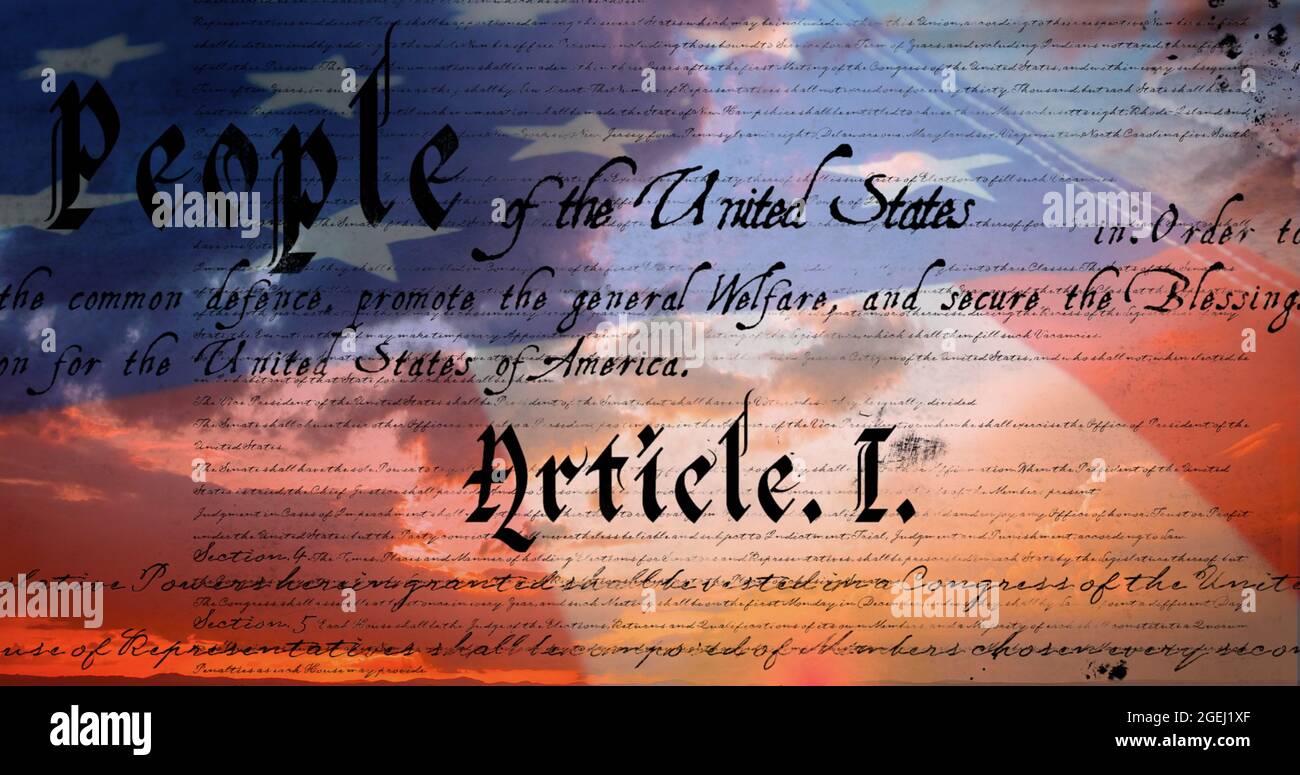 Written constitution of the United States and a flag 4k Stock Photo - Alamy