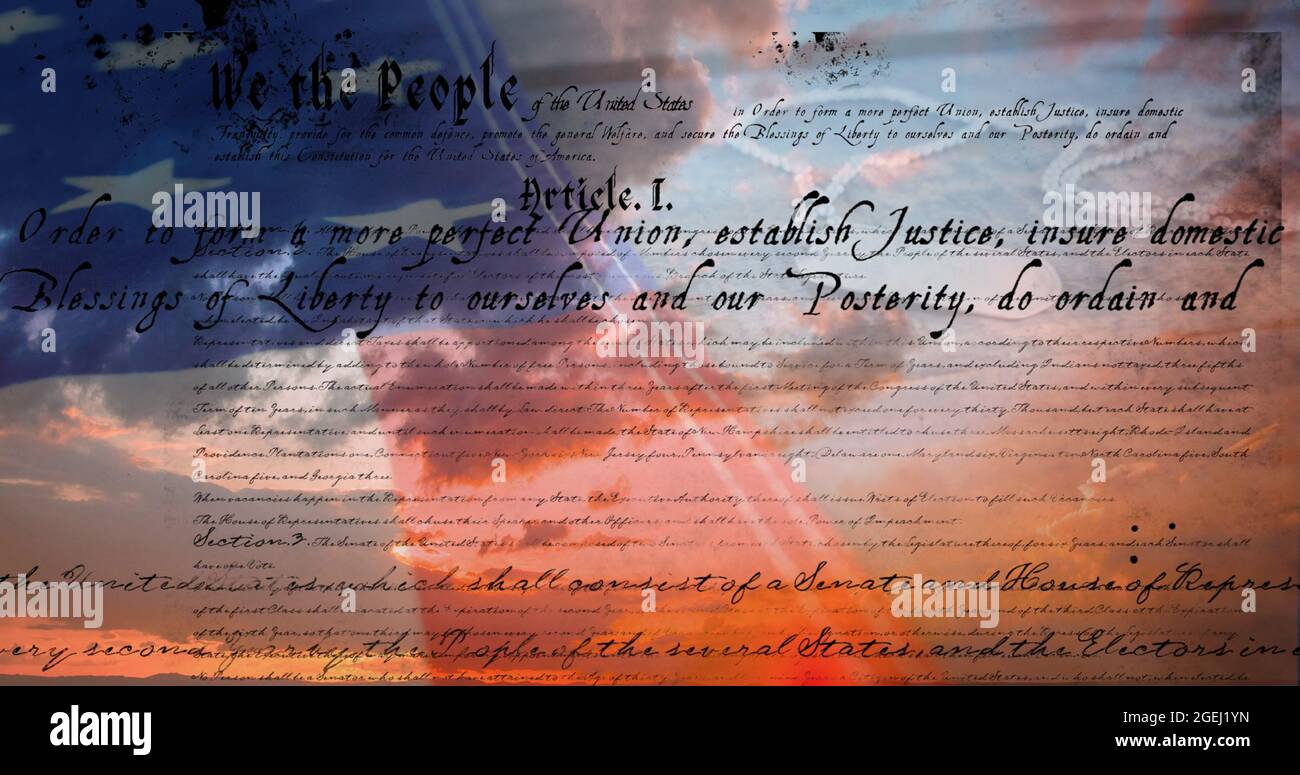 Written constitution of the United States and a flag 4k Stock Photo - Alamy