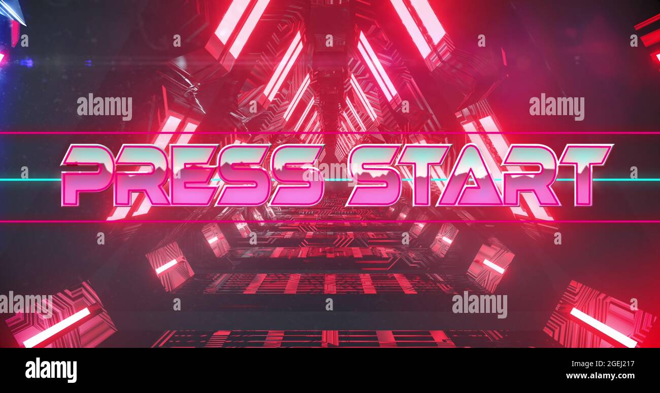 Press start image game screen over pink triangles and glowing neons ...