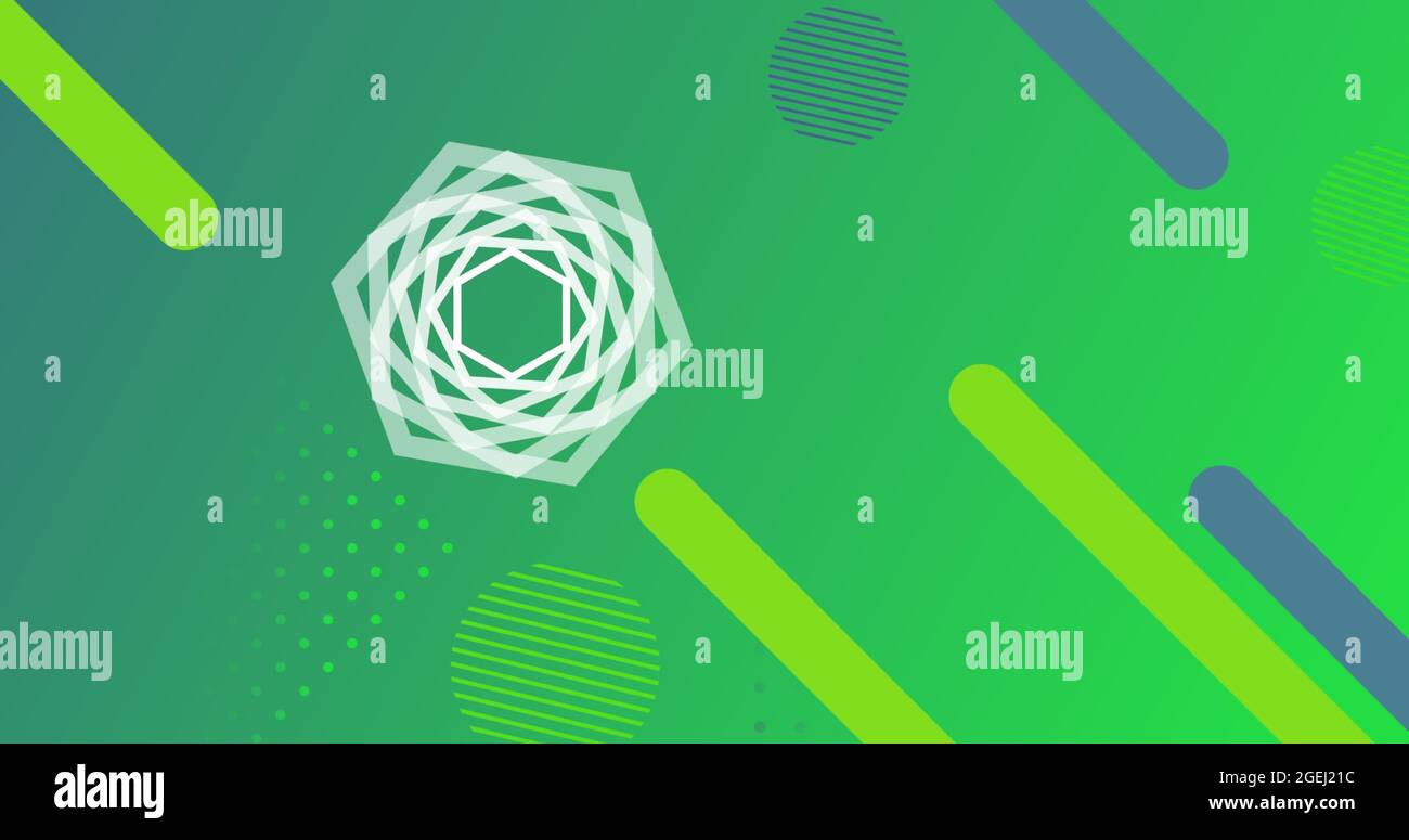 Spinning hexagon over moving geometric shapes and circles Stock Photo ...