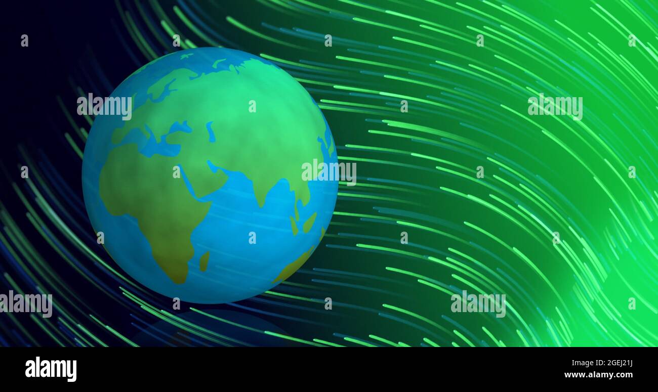 Rotating earth over green light trails Stock Photo - Alamy