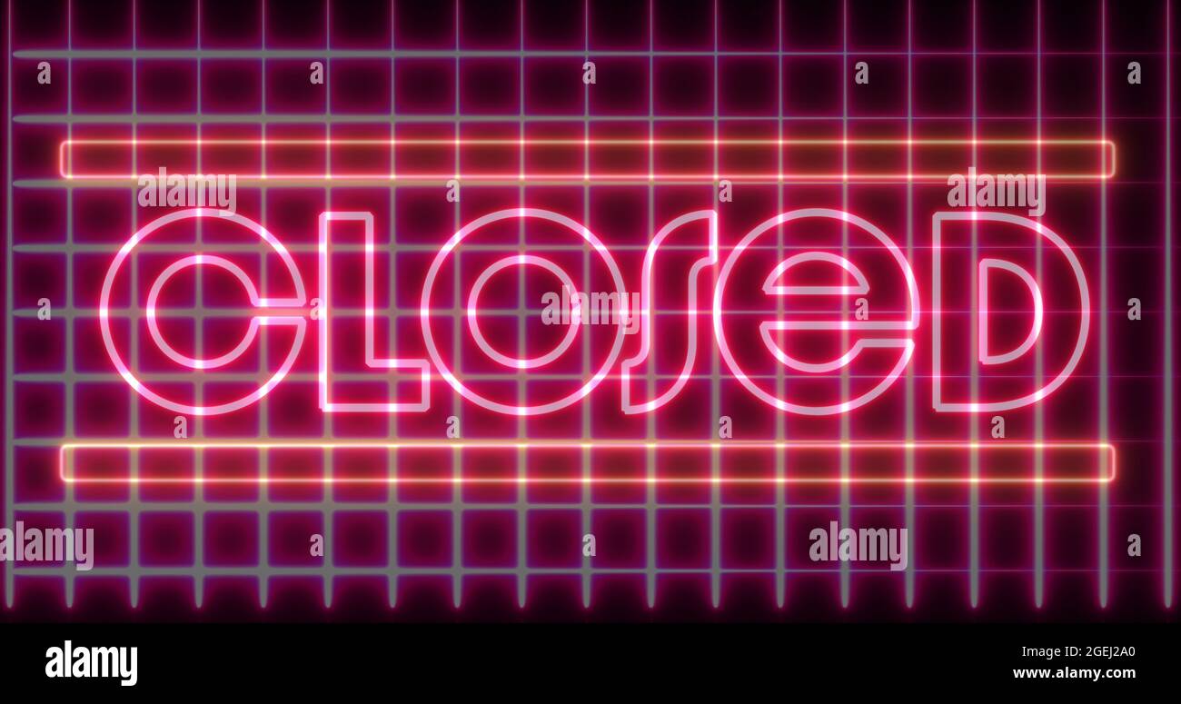 Image of the word closed in pink neon letters with moving grids on ...