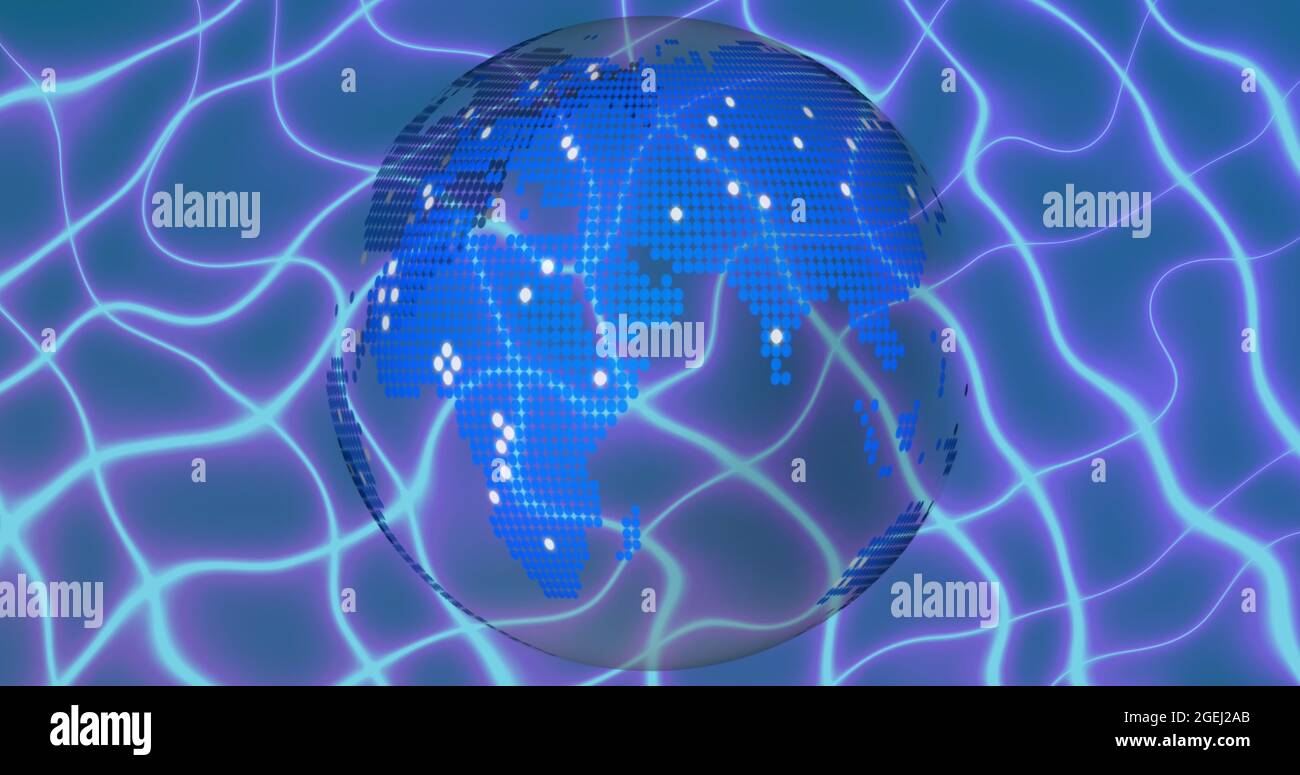 Image of blue pixelated globe rotating with water refracted blue grid ...