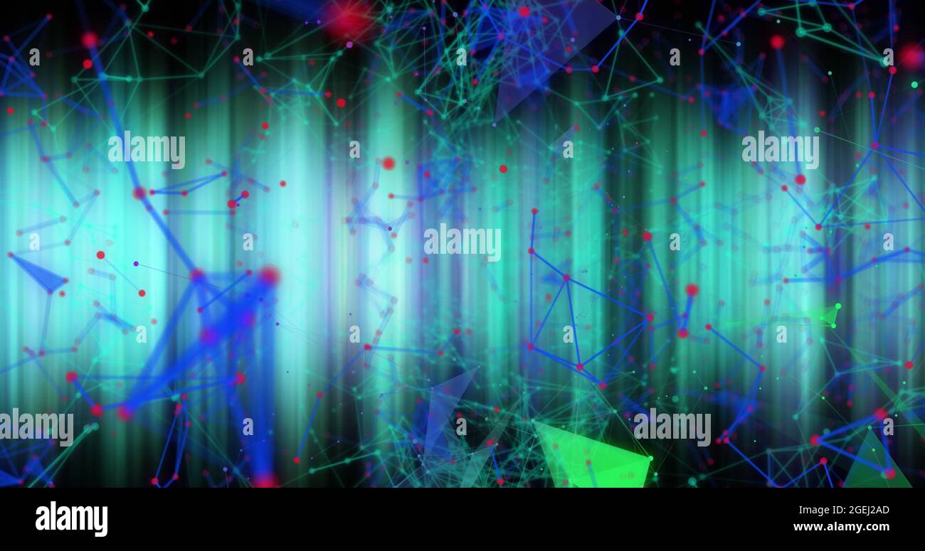 Image of blue to green network of connections over glowing blue and ...