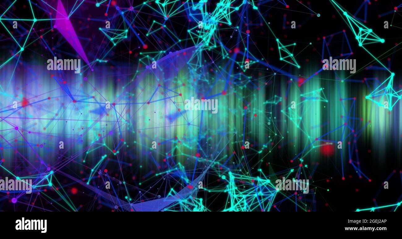 Image of blue to green network of connections over glowing blue and ...