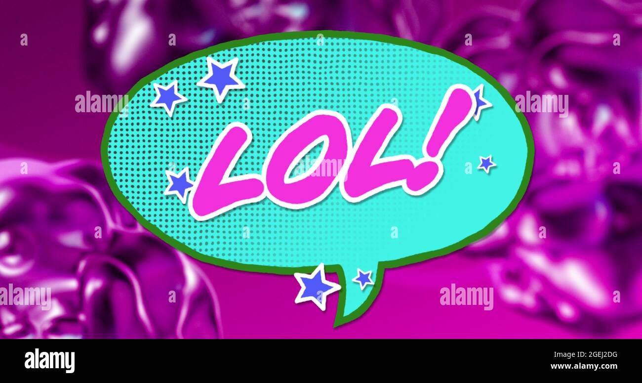Image of lol text in pink letters in retro speech bubble over glowing ...