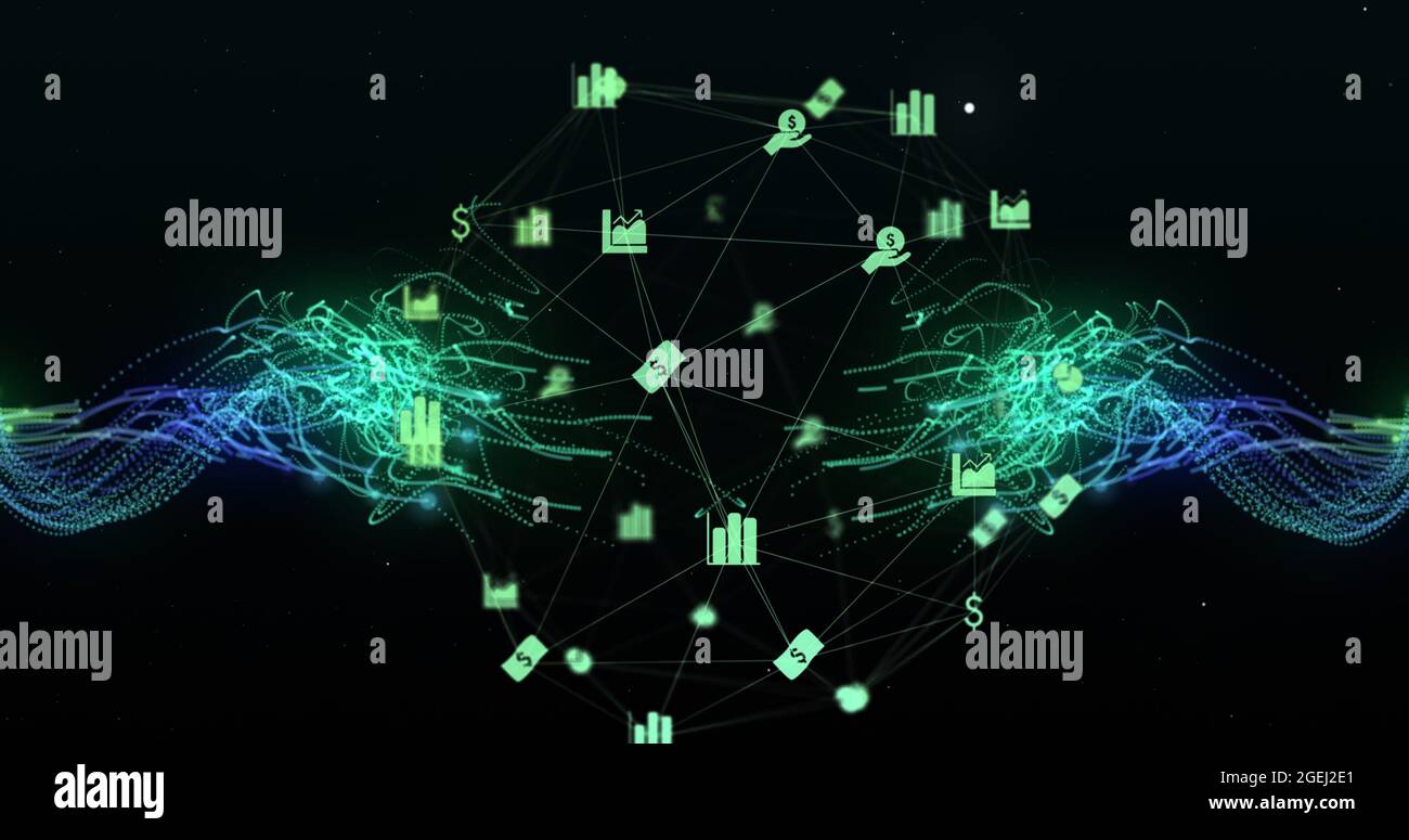 Image of green network of connections and icons with glowing energy ...