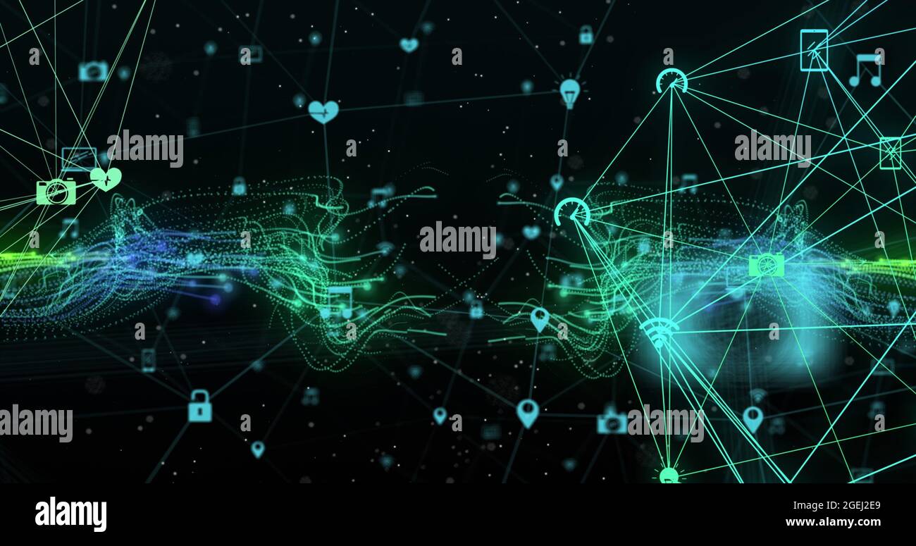 Image of glowing green network of connections and media icons moving on ...