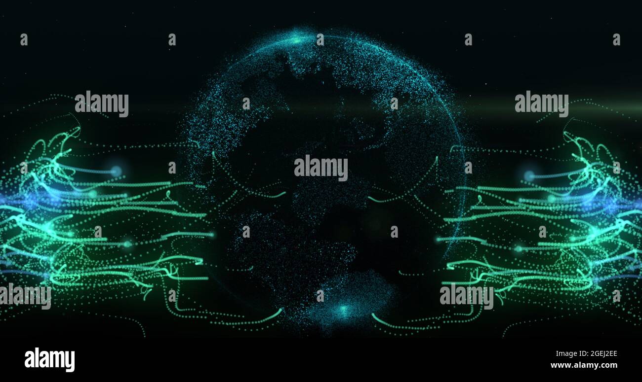 Image of a globe of glowing points with glowing energy currents moving ...