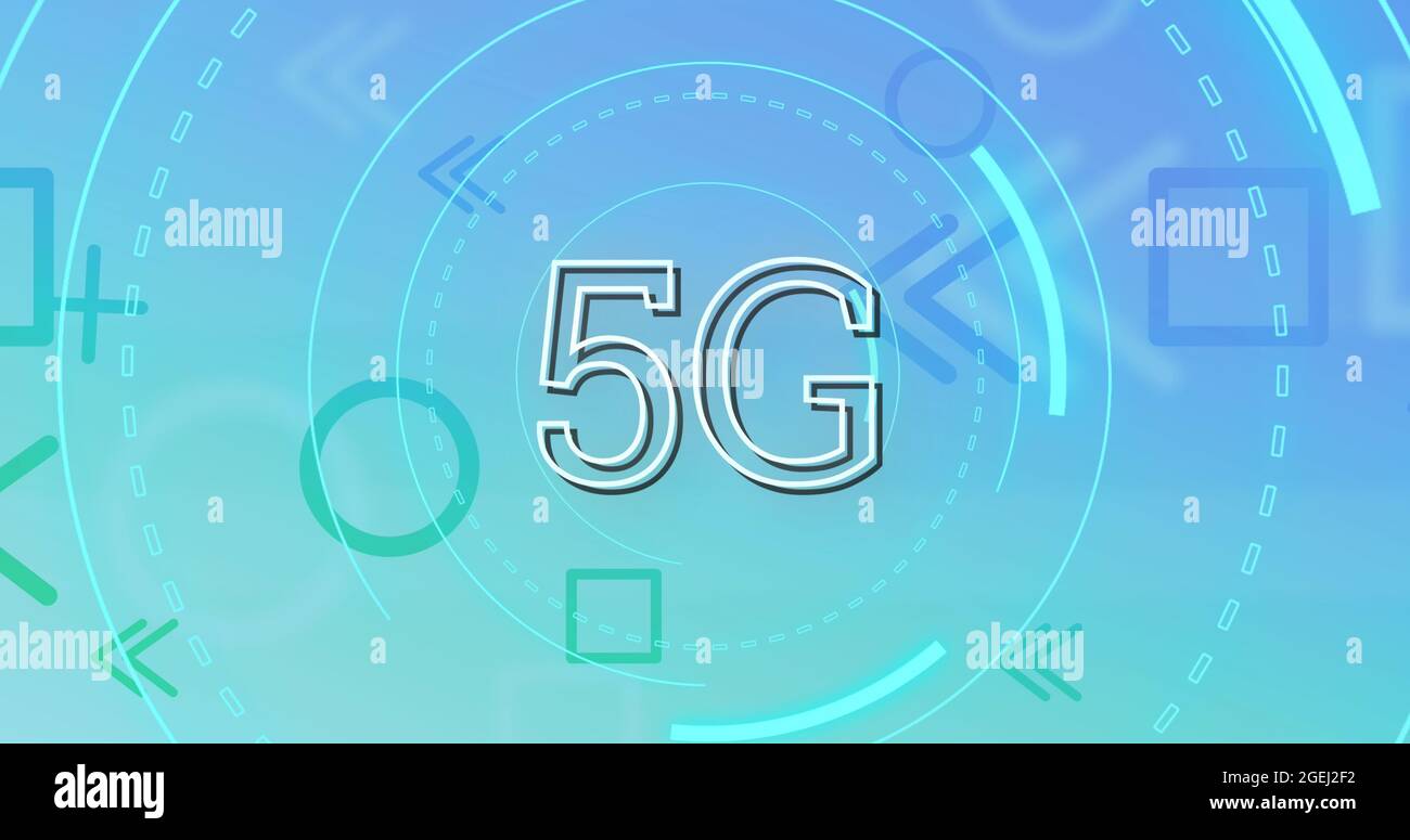 Image of 5g text over spinning circles and shapes floating on blue ...