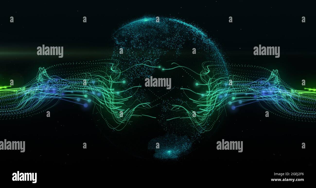 Image of a globe of glowing points with glowing energy currents moving ...