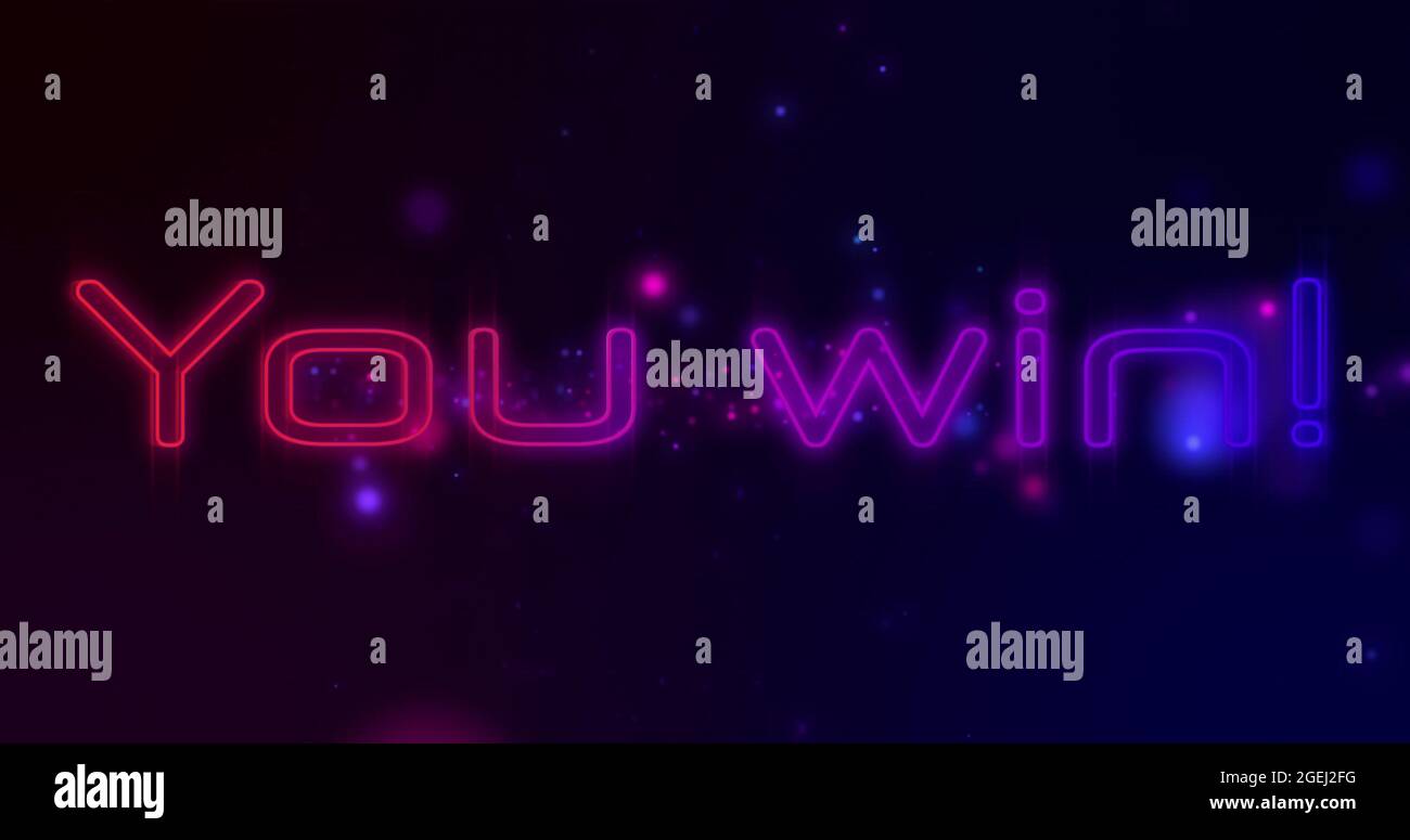 Image of you win text in flickering neon letters over blue and red ...