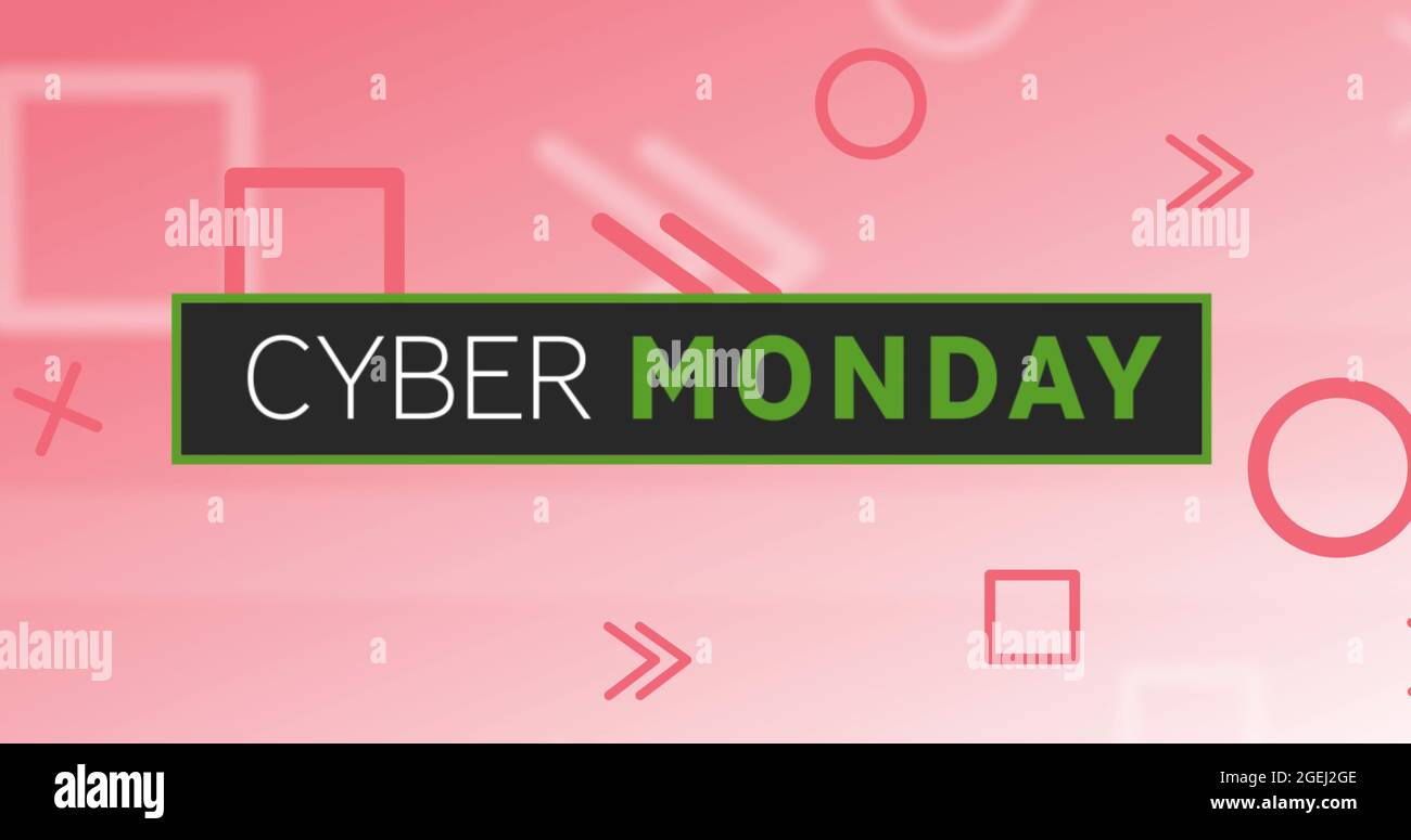 Image of cyber monday text in white and green letters over pink shapes ...
