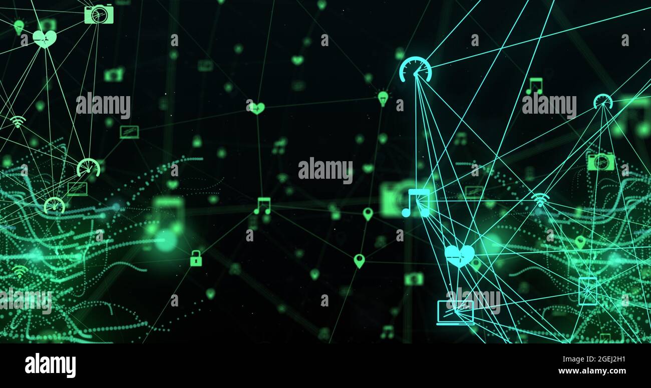 Image of glowing green network of connections and media icons moving on ...