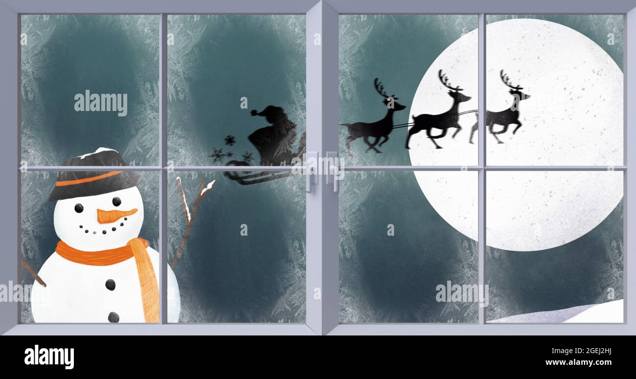 Image of snowman, silhouette of santa claus in sleigh being pulled by ...