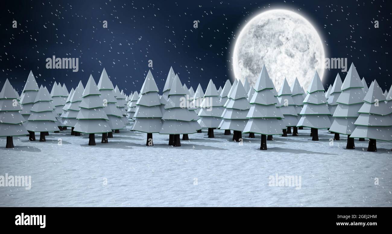 Image of fir trees, full moon and snow falling Stock Photo - Alamy