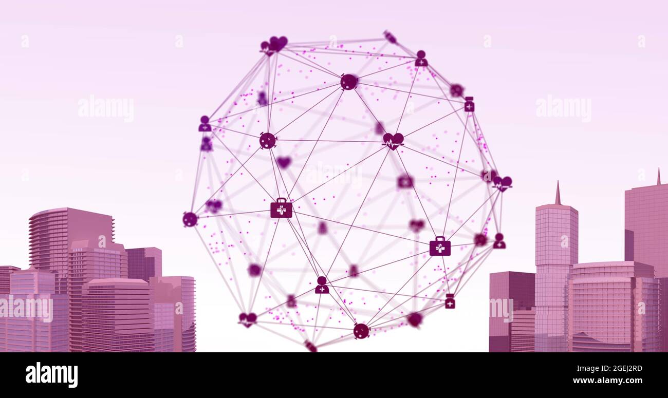 Globe of digital icons against digital building models Stock Photo - Alamy