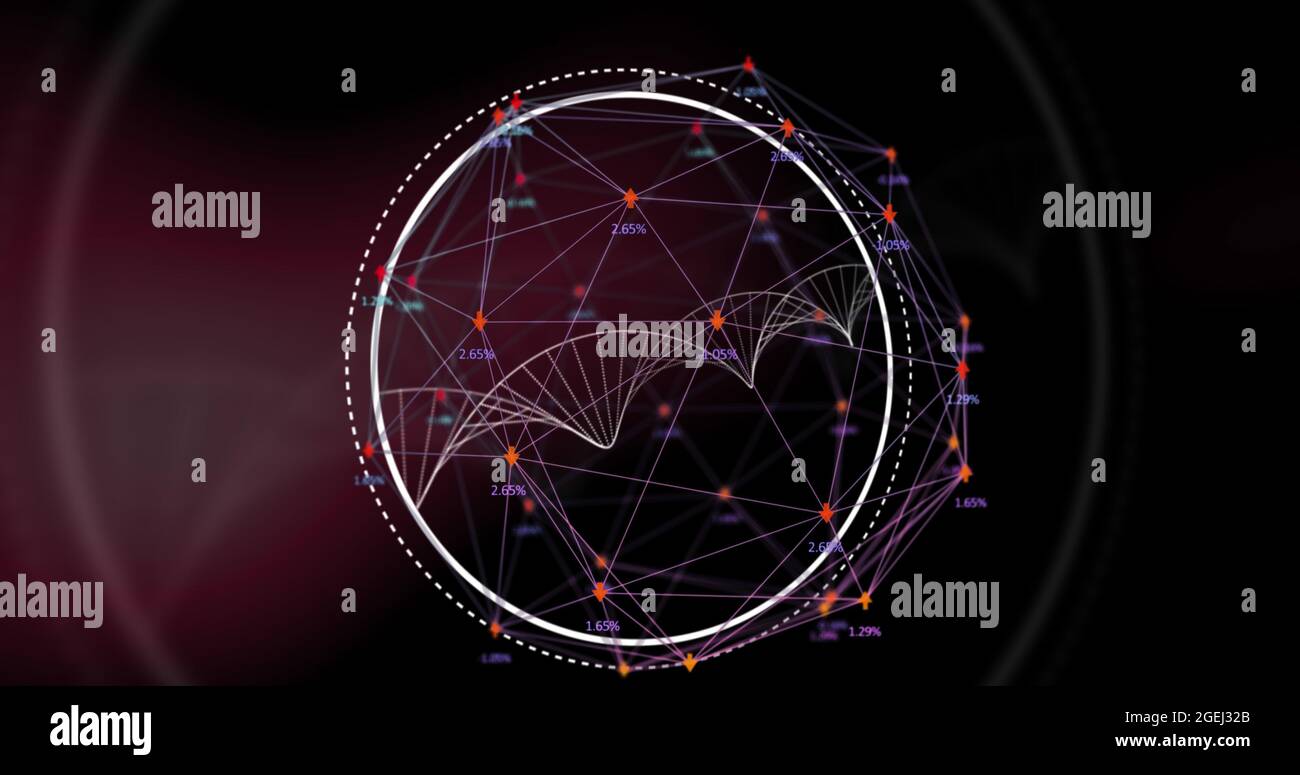 Digital image of dna structure spinning against globe of network of ...