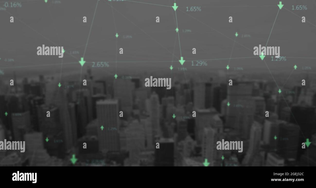 Network of connection arrows against cityscape Stock Photo - Alamy