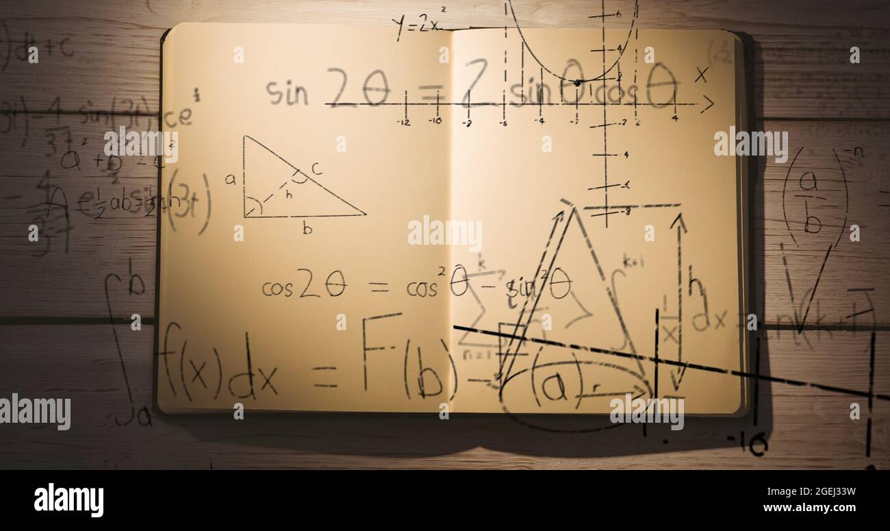 Mathematical equations against open book Stock Photo - Alamy