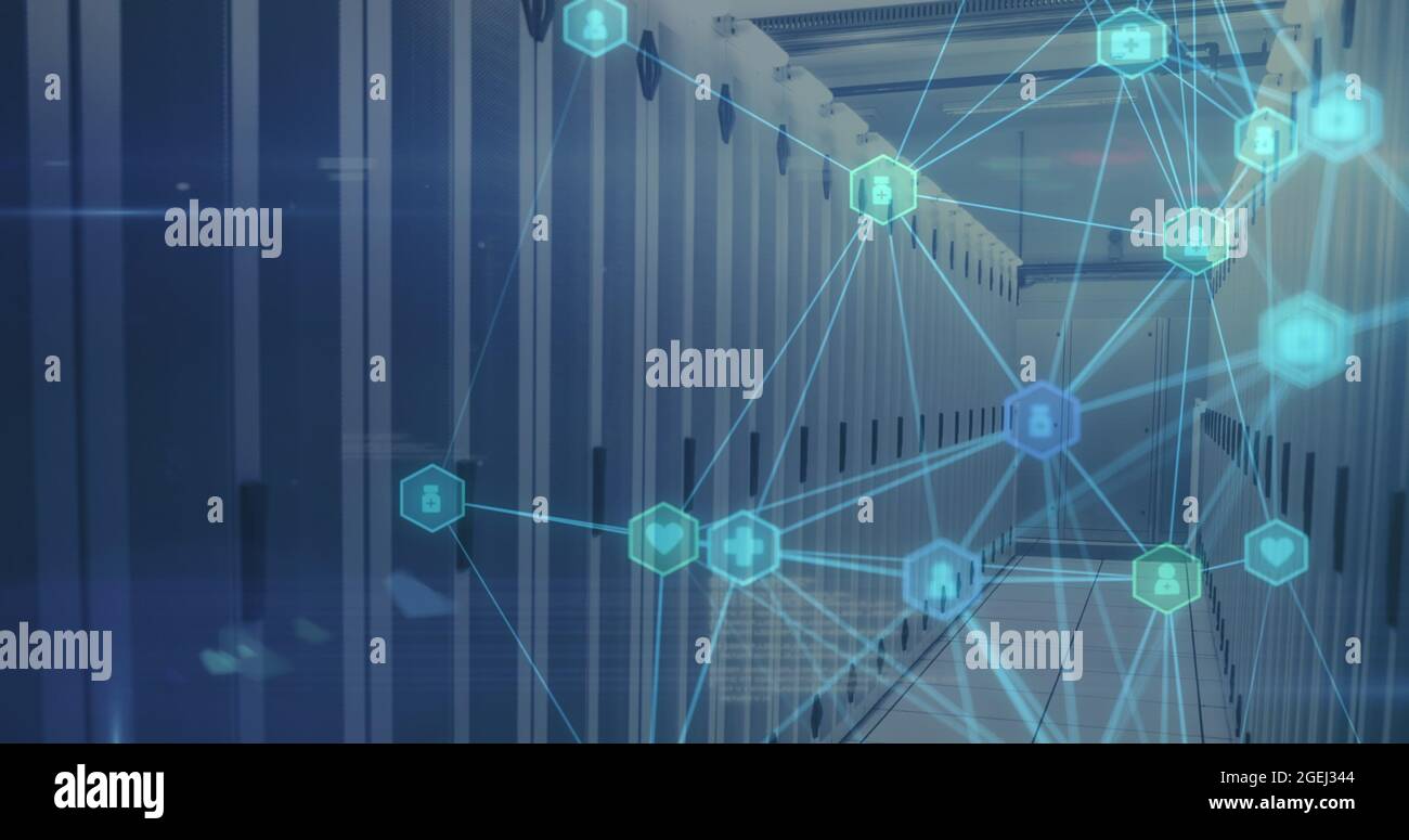 Network of connections icons against server room Stock Photo - Alamy