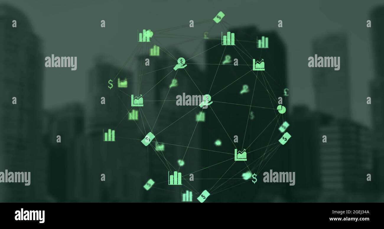 Network of connections financial icons against cityscape Stock Photo ...