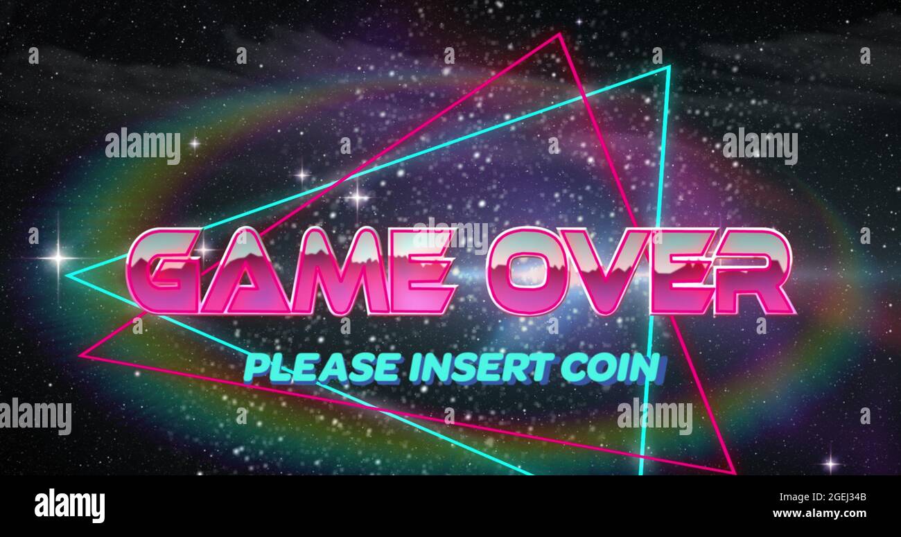 Game Over Please Insert Coin text on triangles against space in ...