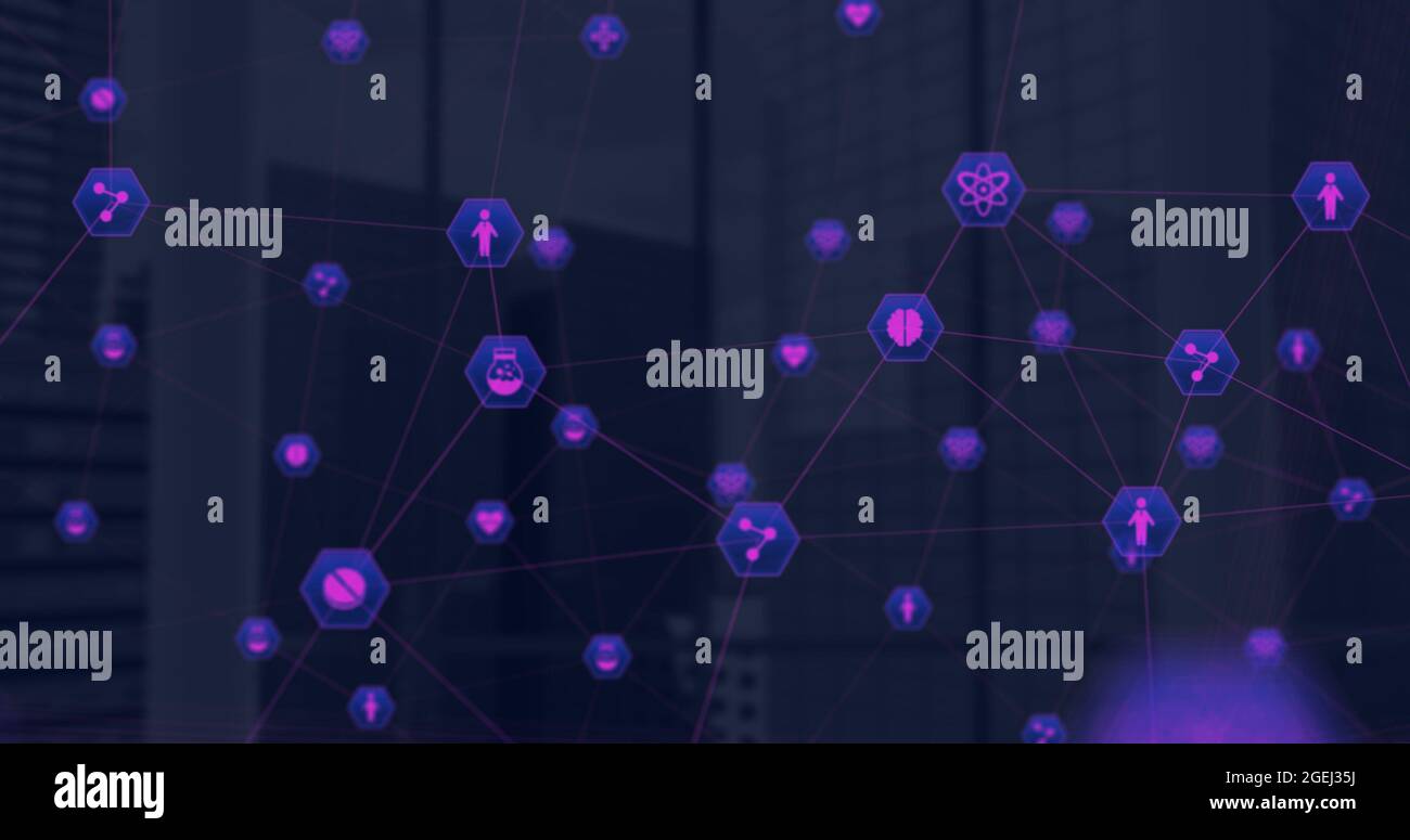 Network of connection icons against tall buildings Stock Photo - Alamy