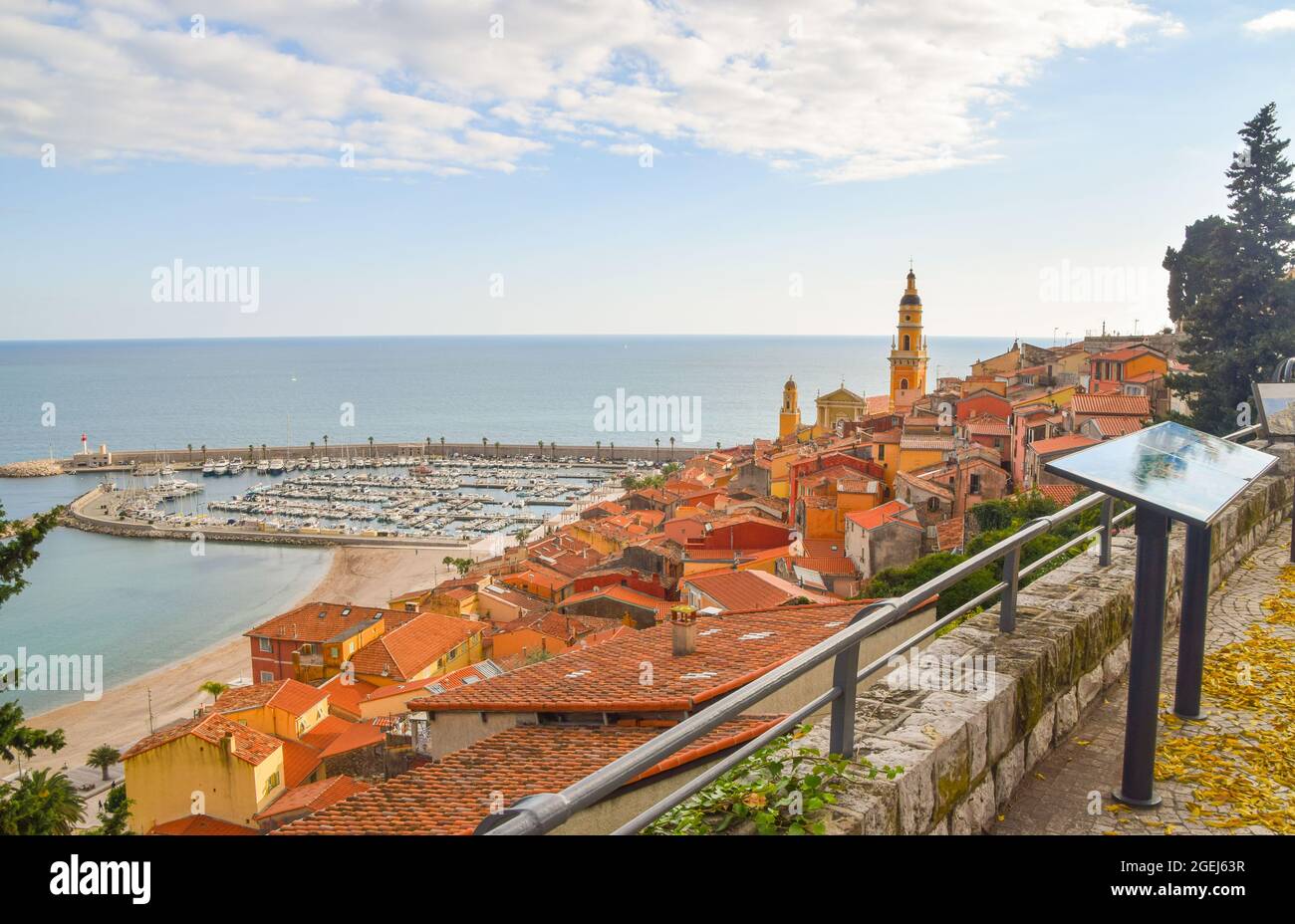 Aerial panoramic view of Menton Old Town, port and coast, South of ...