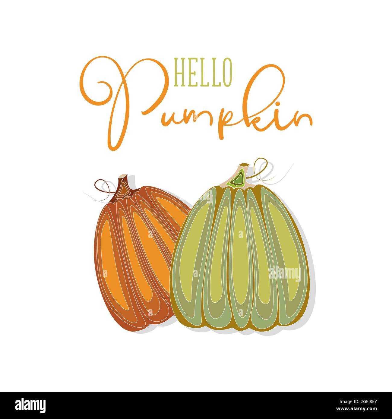 Hello pumpkin, autumn card, pumpkin orange and green, inscription, on a ...