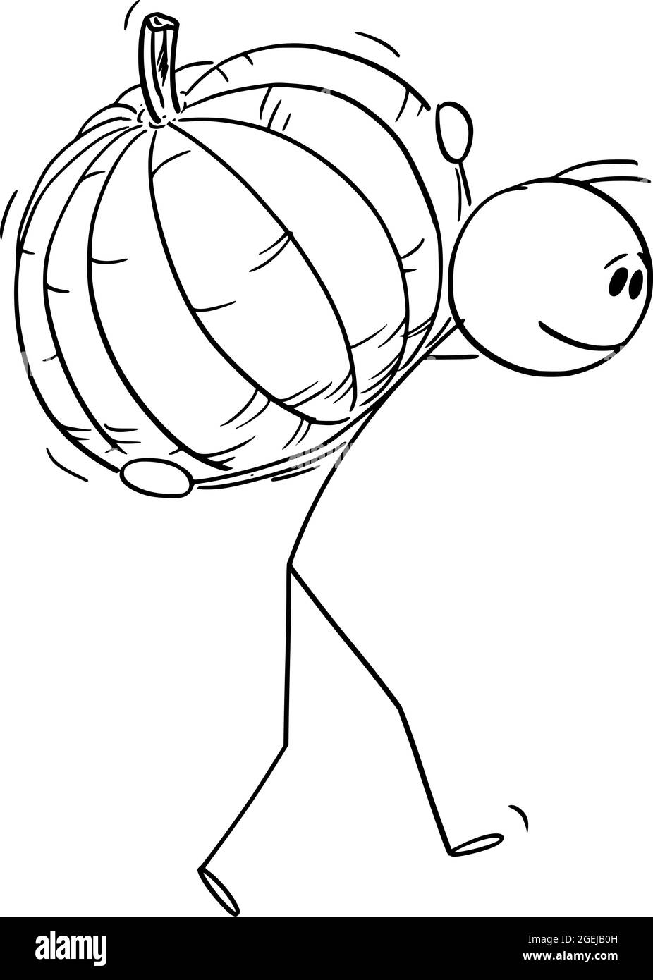 Person Carrying Big Pumpkin Vegetable on Back, Vector Cartoon Stick ...