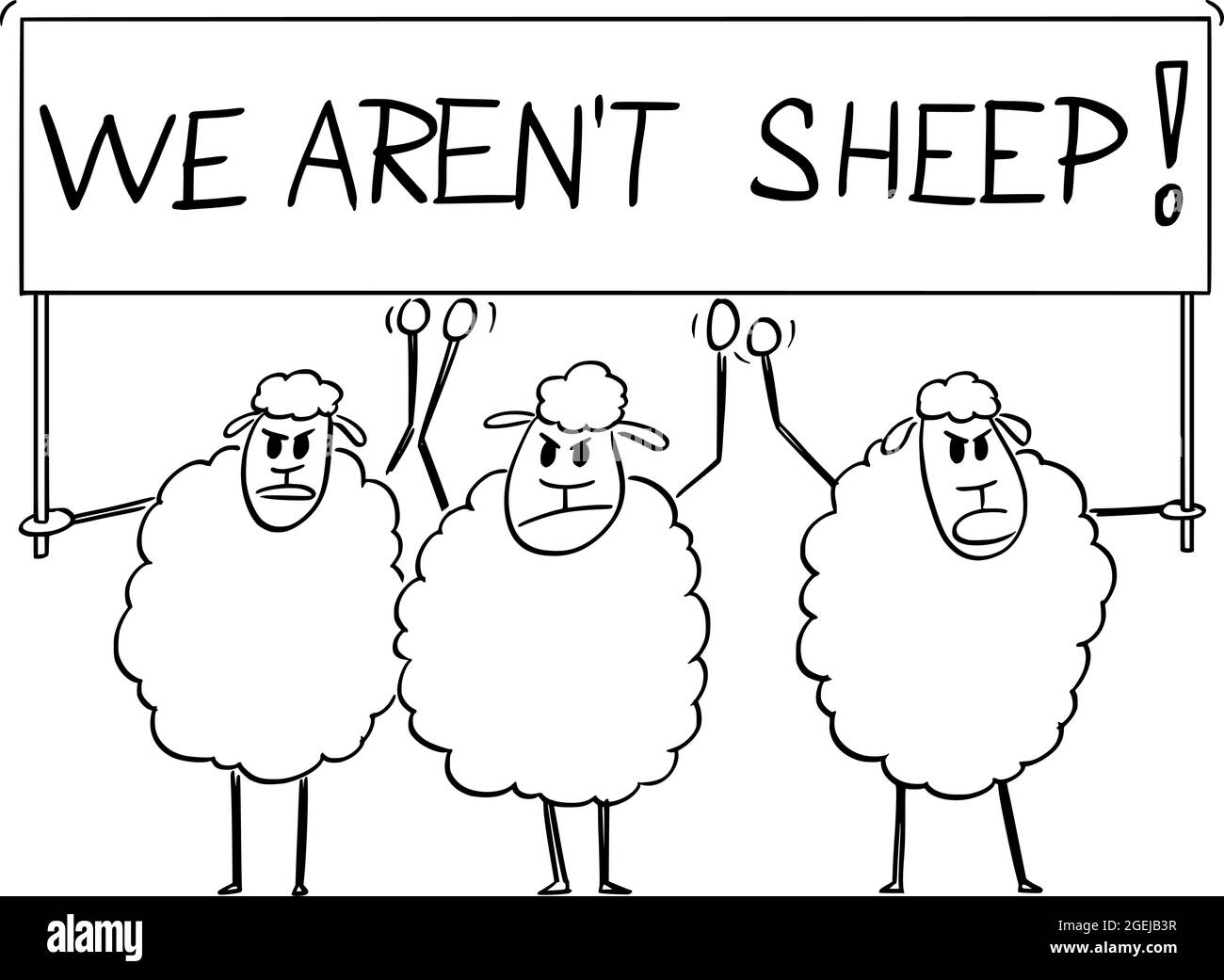 Crowd of Sheep Holding We Aren't Sheep Sign, Vector Cartoon ...