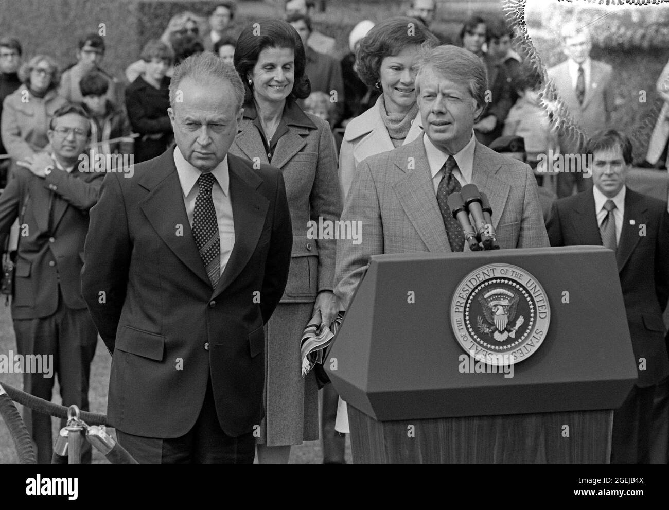 United States President Jimmy Carter, right, makes welcoming remarks as ...