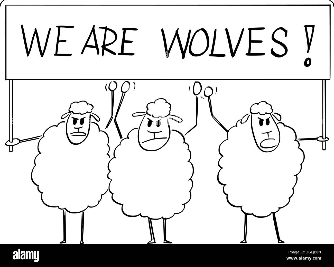 Crowd of Sheep Holding We Are Wolves Sign, Vector Cartoon Illustration ...