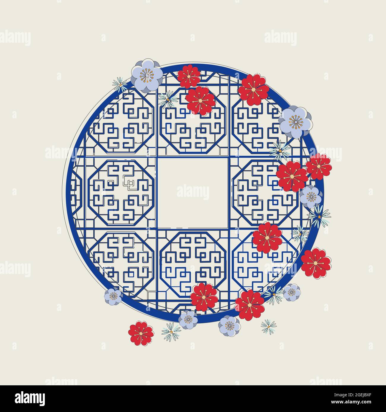 Chinese traditional window. Round frame in red flowers. Hand drawing of ...
