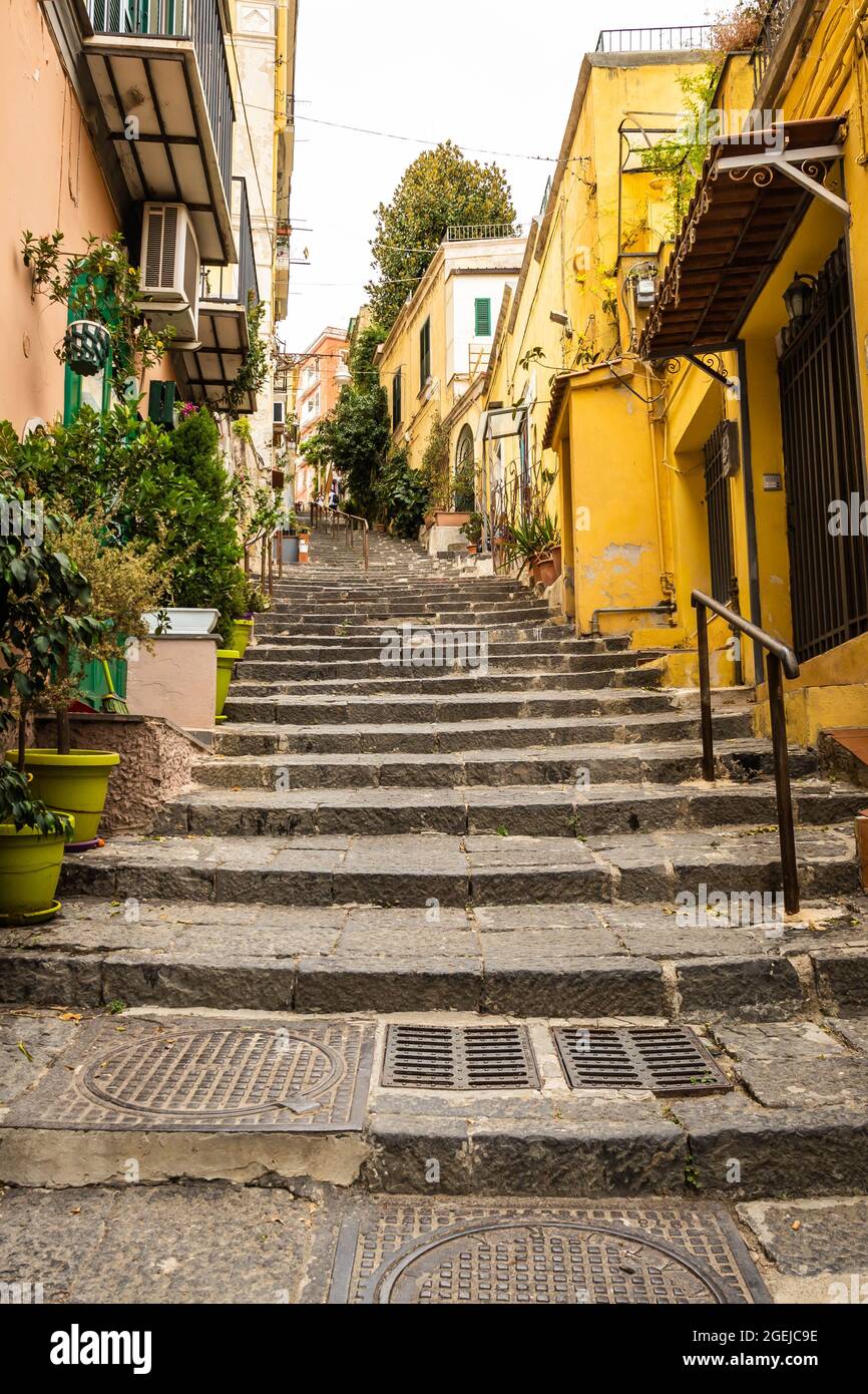 Stairs climbing the medieval alleys in the city of Naples Italy Stock ...