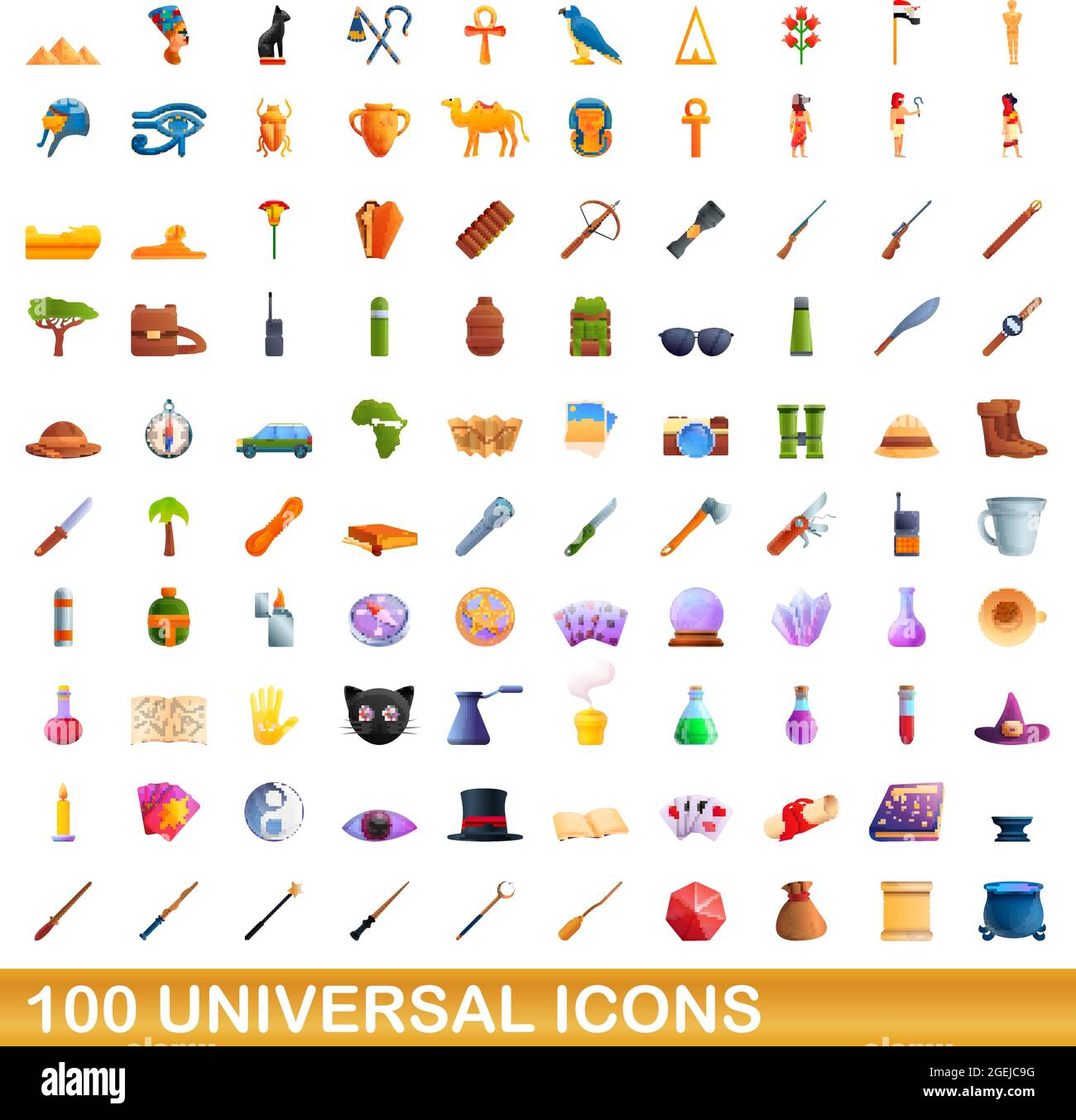 100 universal icons set. Cartoon illustration of 100 universal icons ...