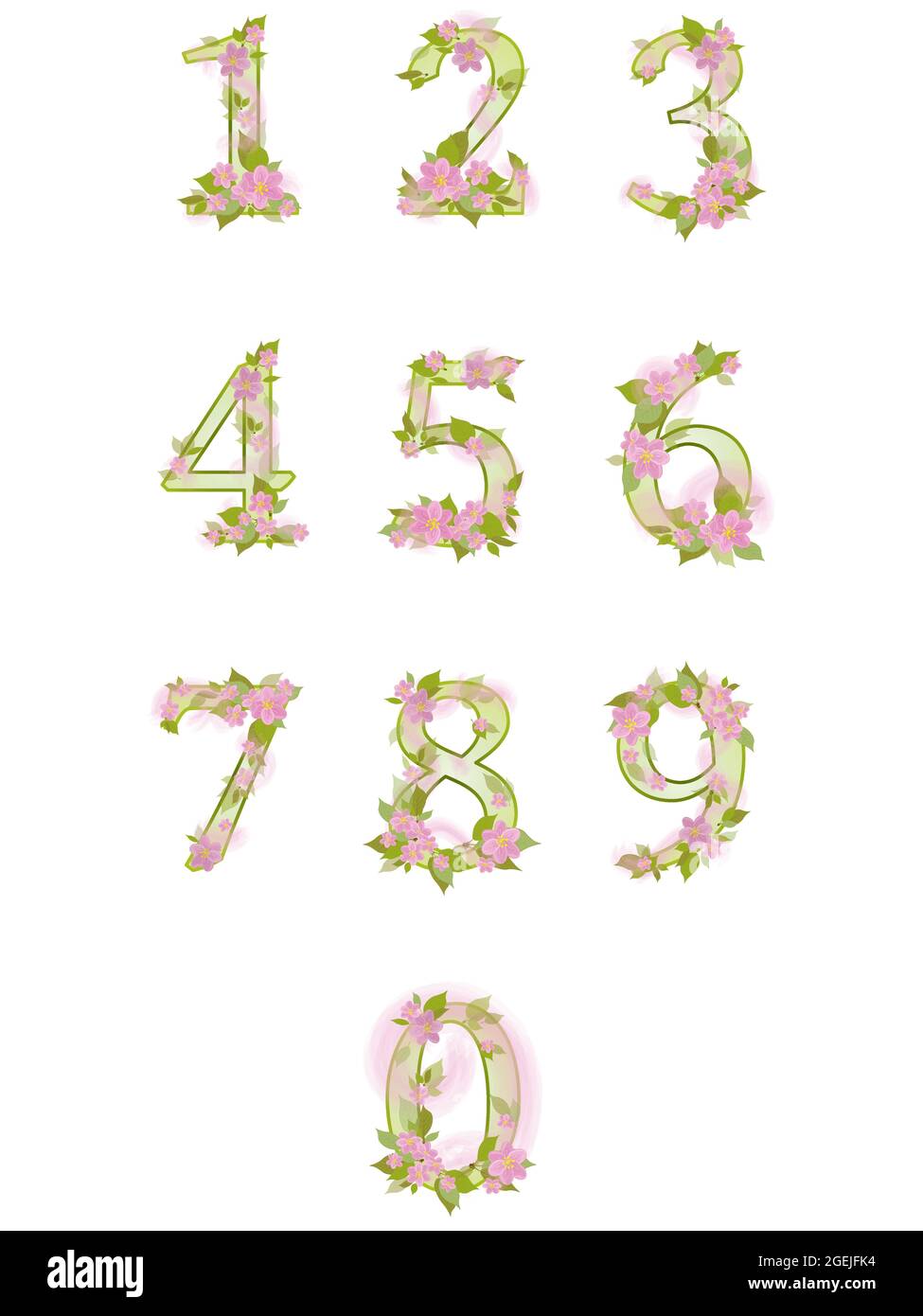 Numbers with floral decorations. Pink flowers and leaves design Stock ...