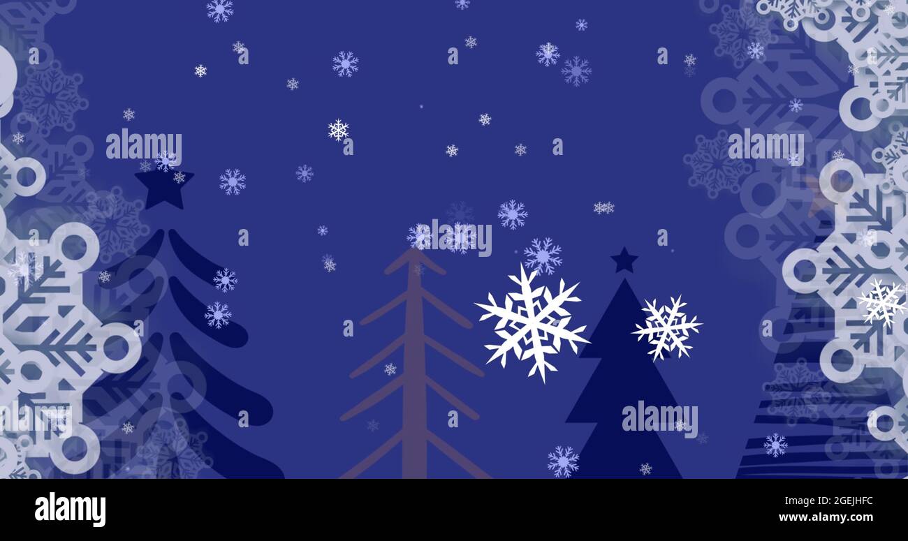 Digital image of snowflakes falling over multiple trees against blue ...