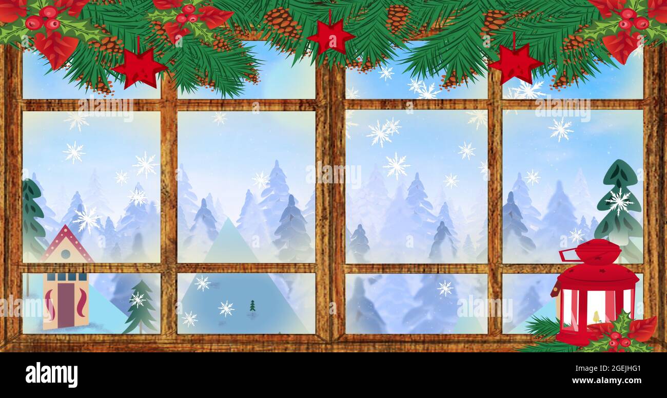 Image of silhouette of winter christmas scenery with snow falling and ...