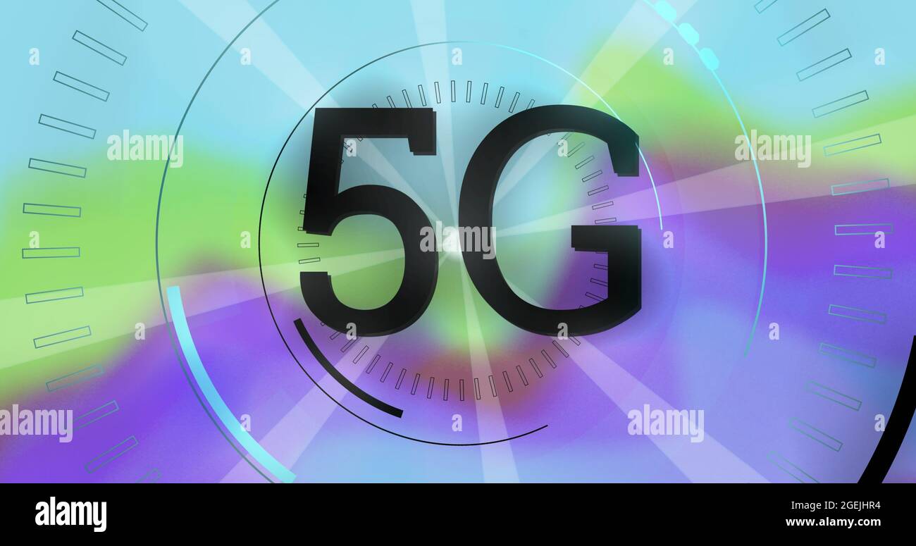 Image of 5g text over scope scanning and glowing colourful background ...
