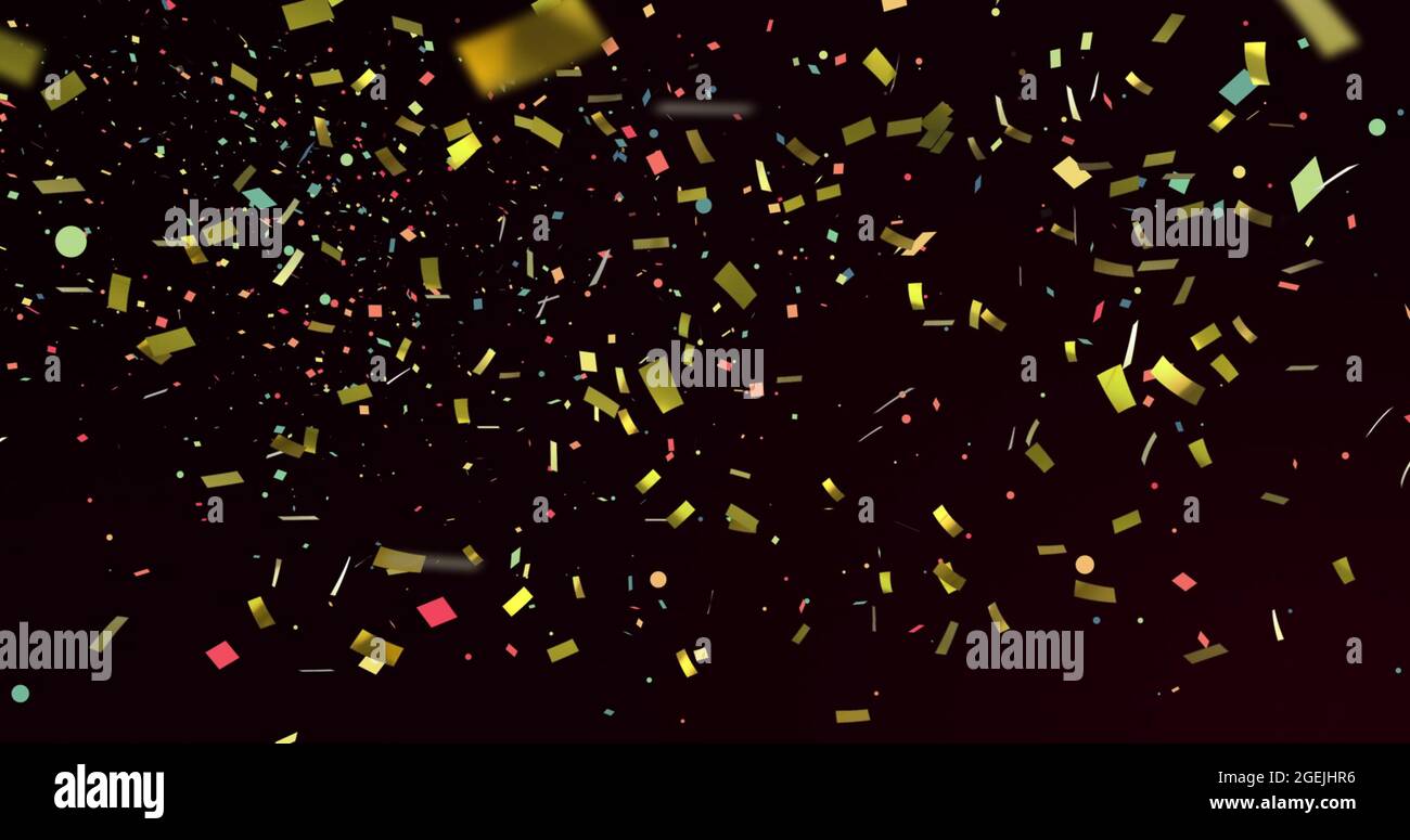 Image of gold and multi coloured confetti falling over black background Stock Photo - Alamy