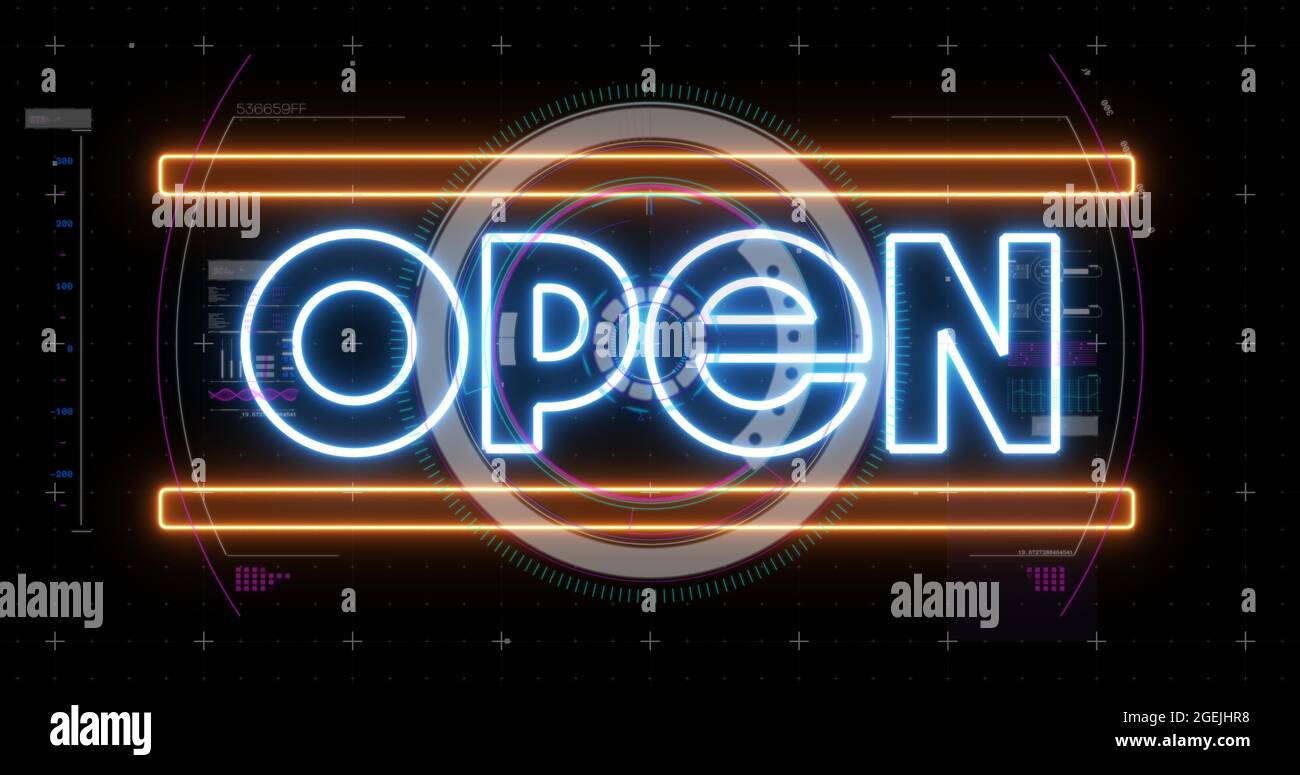 Image of the word open in white neon with circular scope digital ...