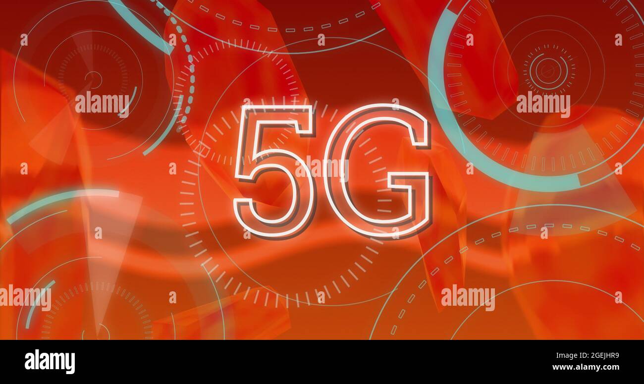 Image of 5g text over spinning circles on red background Stock Photo ...