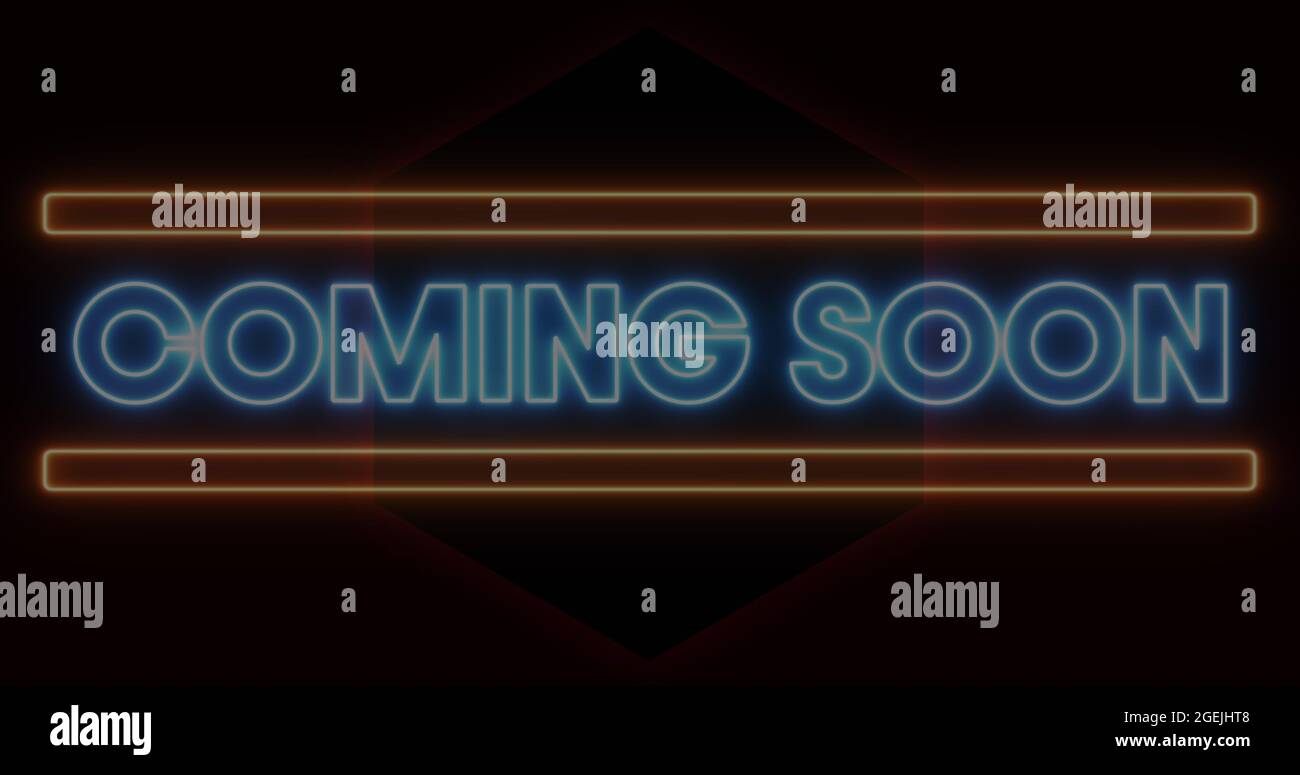 Image of coming soon text in blue neon with red neon hexagons Stock ...